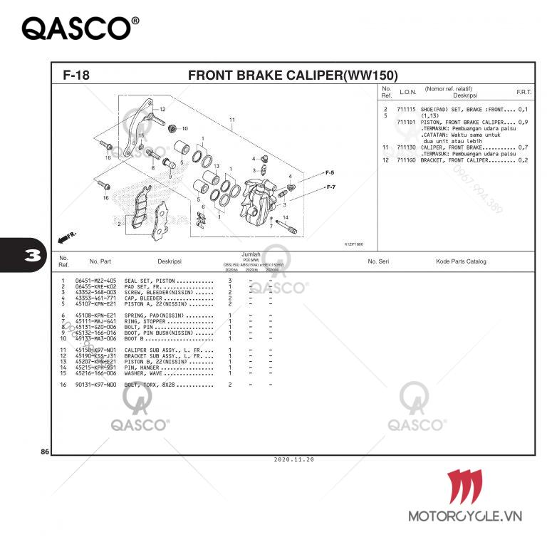 F18 – FRONT BRAKE CALIPER(WW150) – PCX 160 K1Z (2021) | | QASCO Co ...